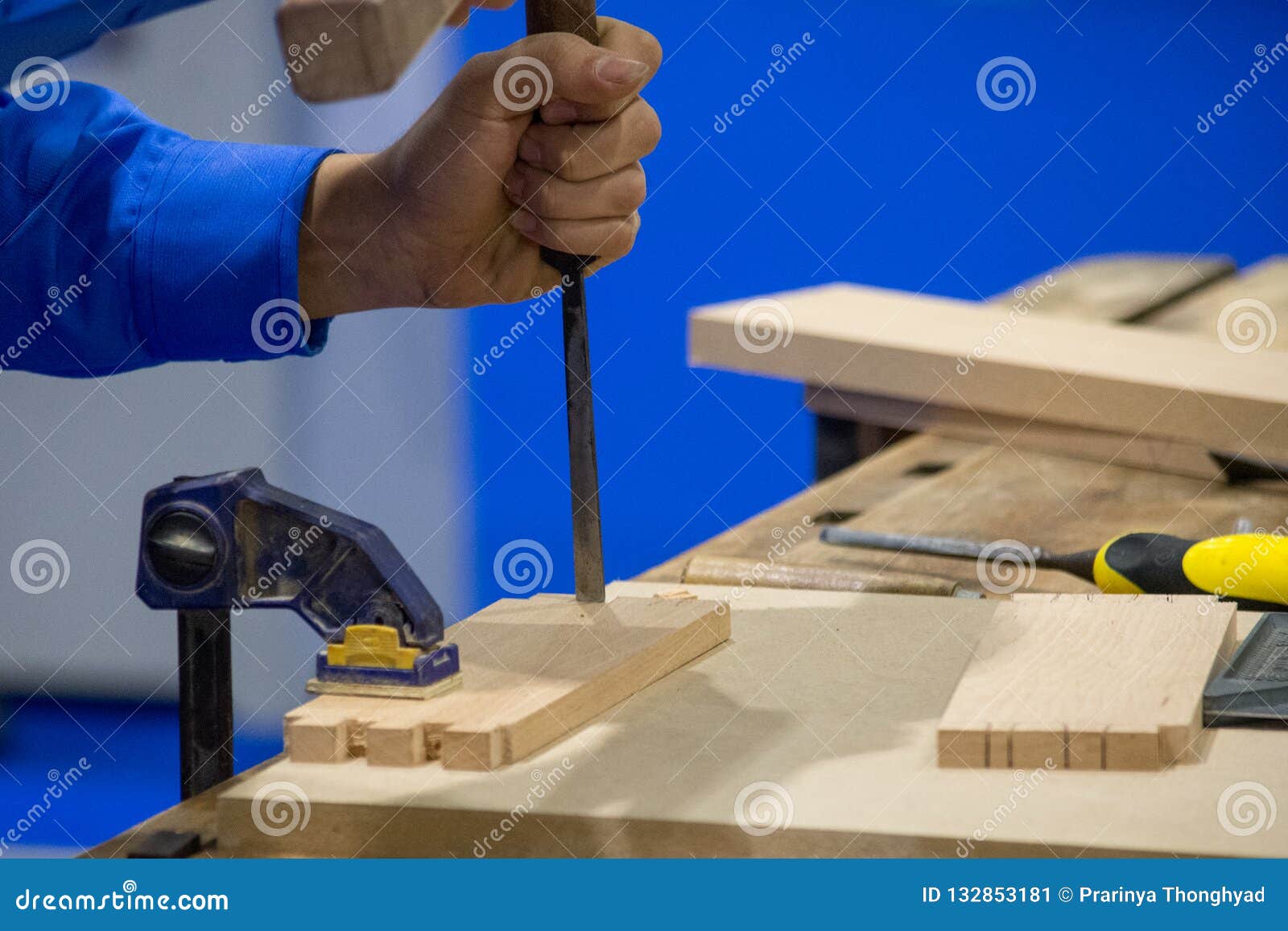 Carpenter with Chisel and Hammer in Workshop Stock Image - Image of ...