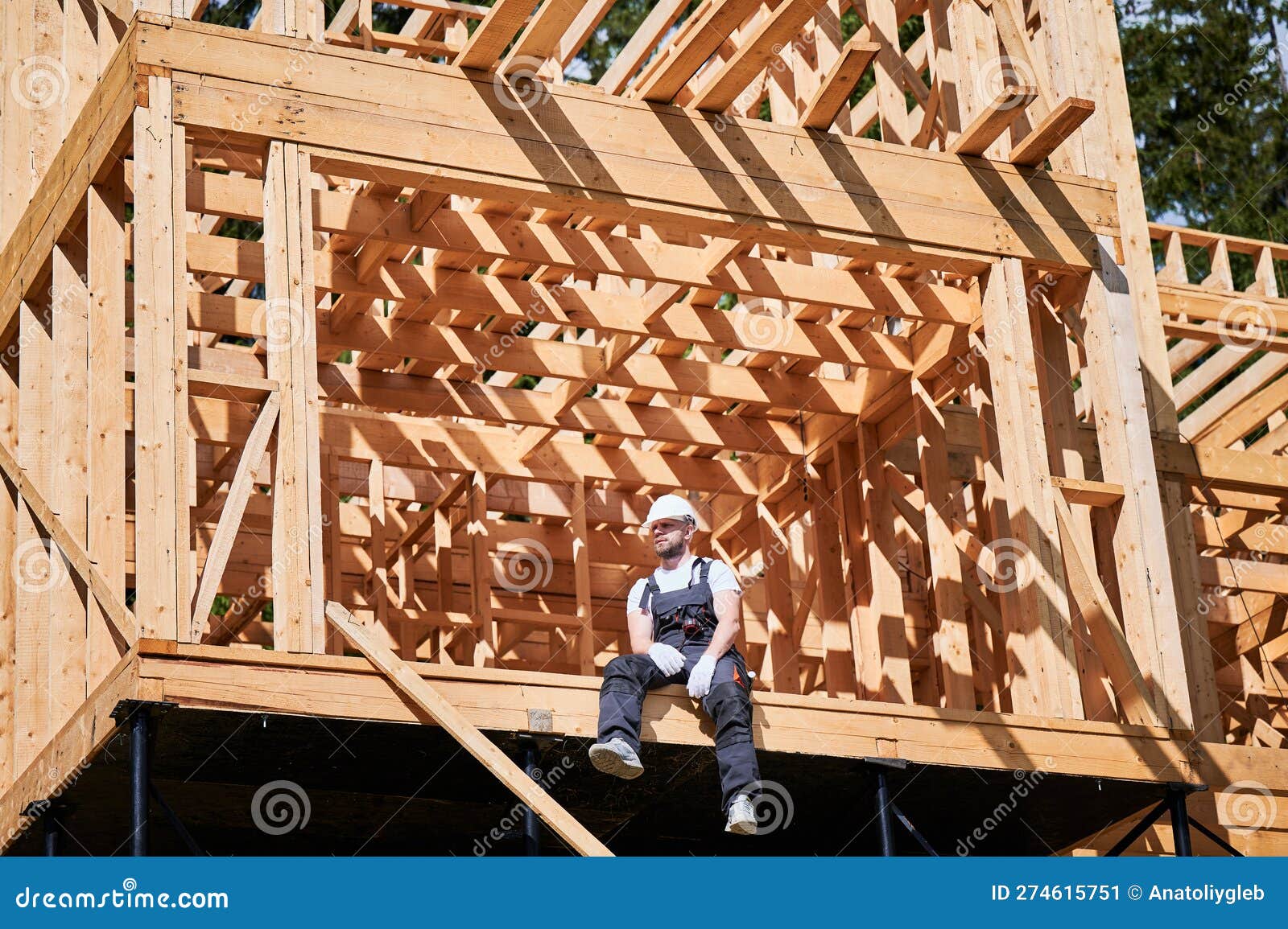 Carpenter Constructing Wooden Frame House. Stock Image - Image of ...