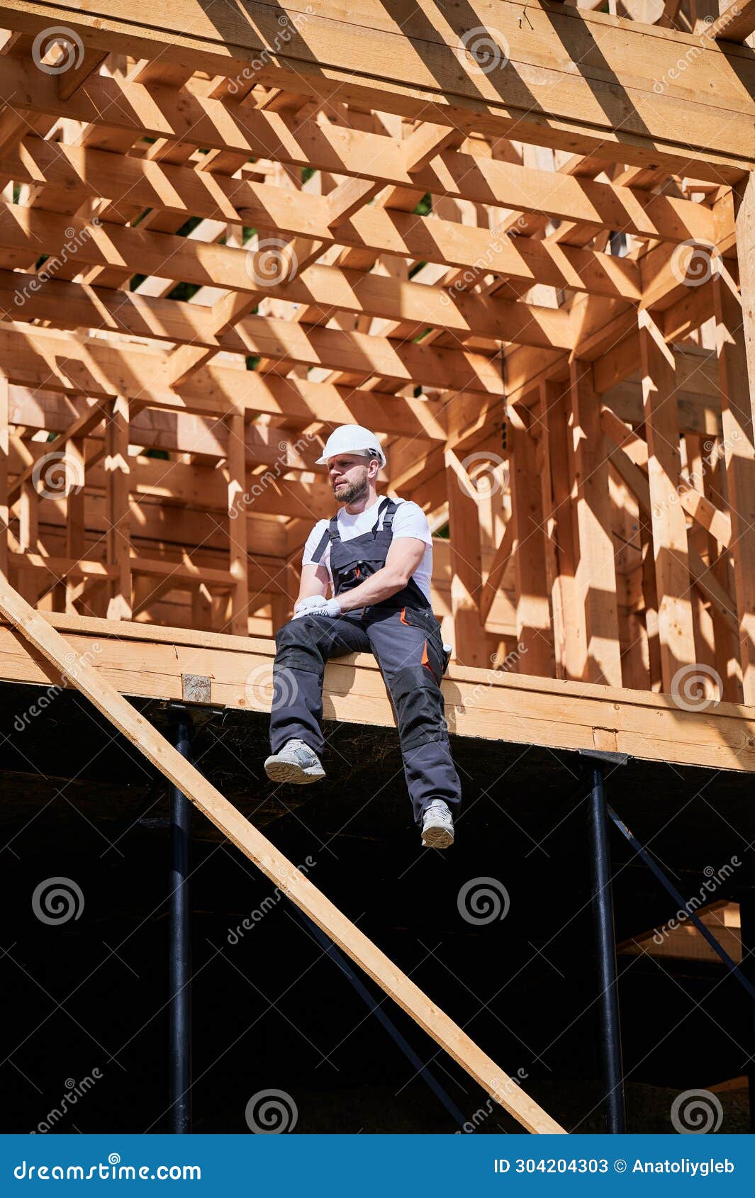 Carpenter Constructing Wooden Frame House. Stock Image - Image of ...