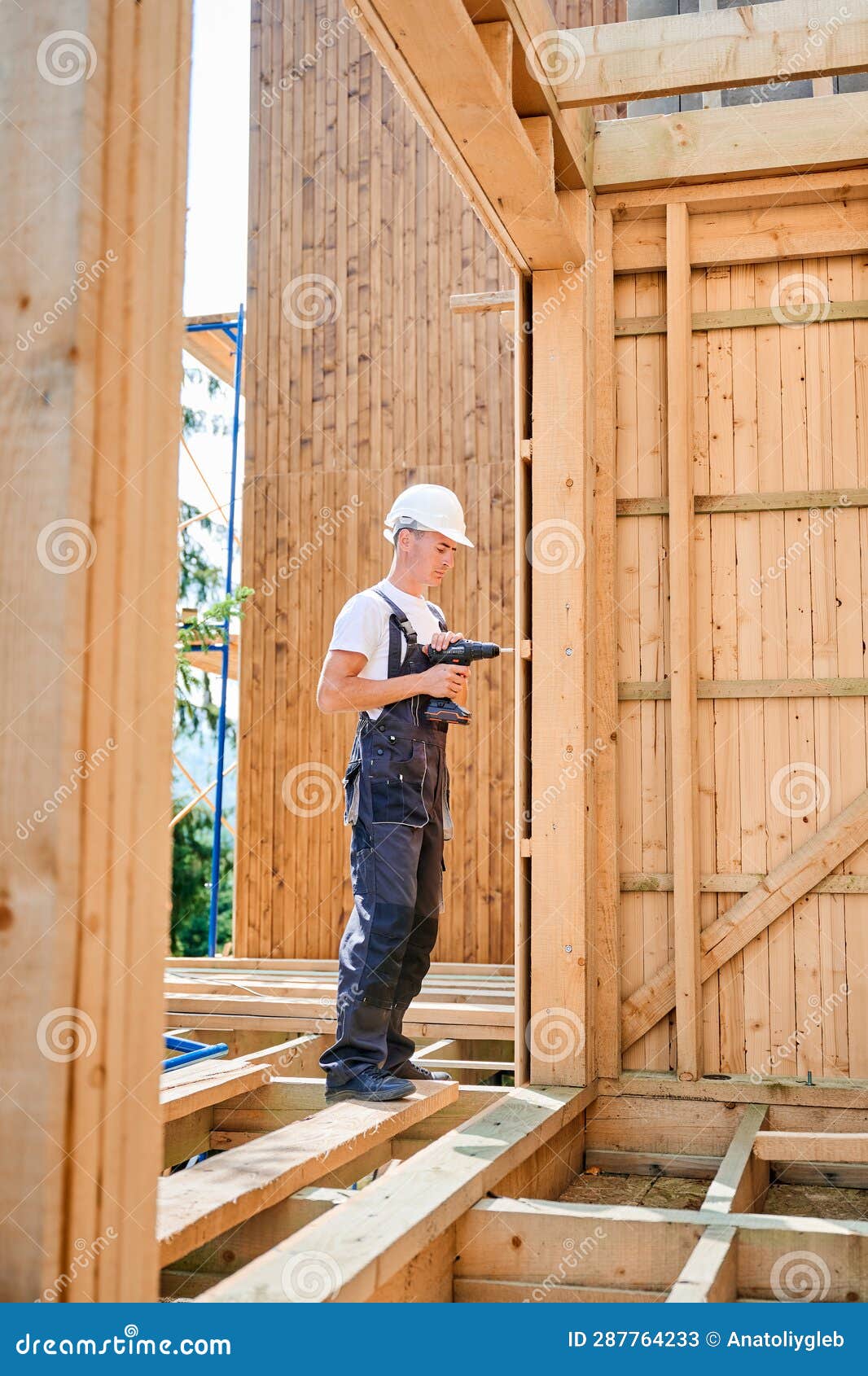 Carpenter Working with Screwdriver while Constructing Wooden Framed ...