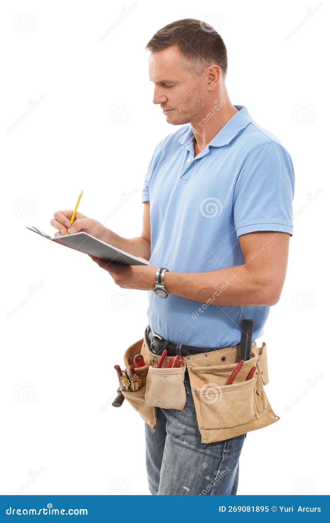 Carpenter, Contractor or Man Writing Isolated on a White Background ...