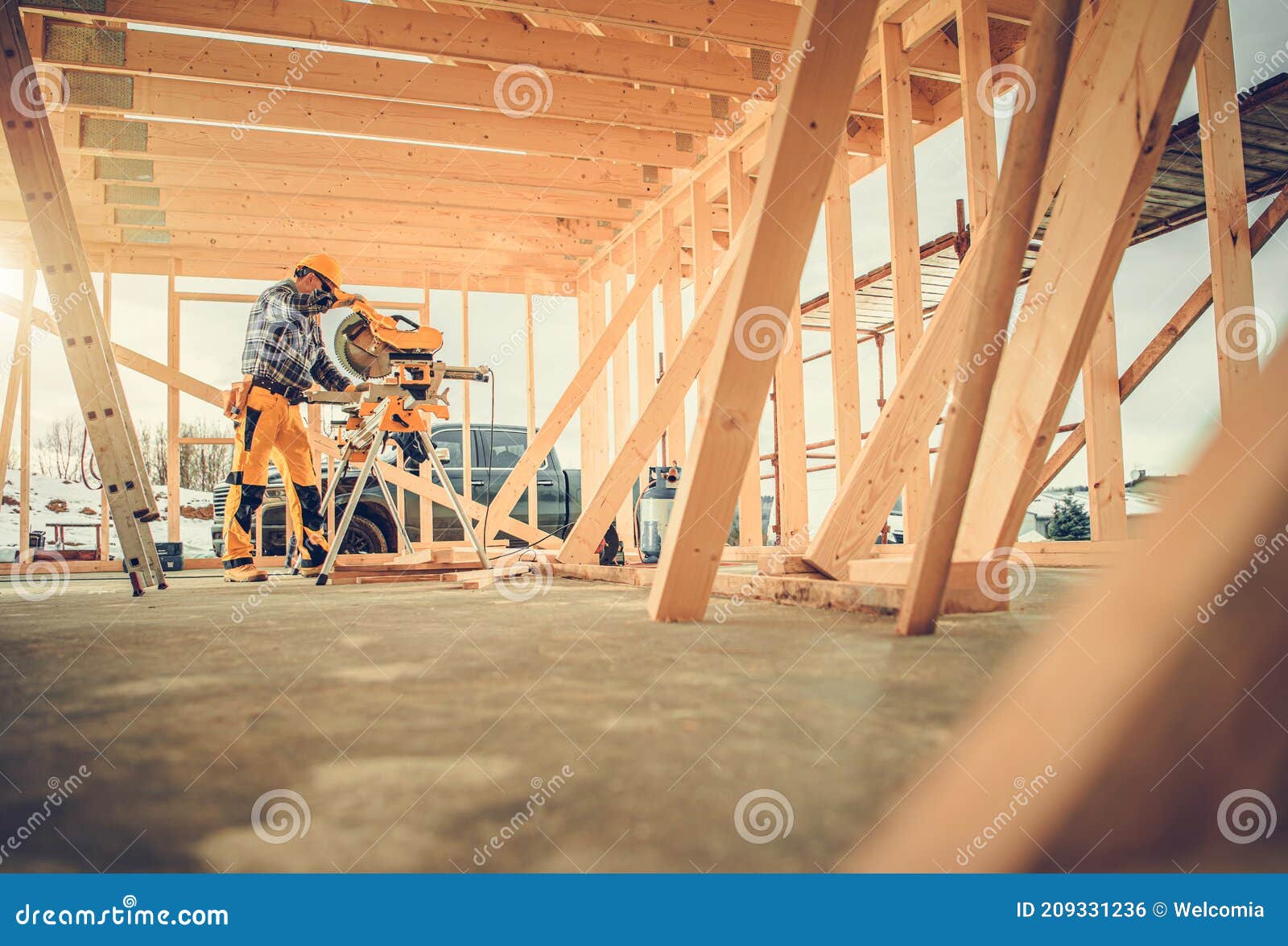 Carpenter Contractor Worker Using Circular Saw in Construction Zone ...