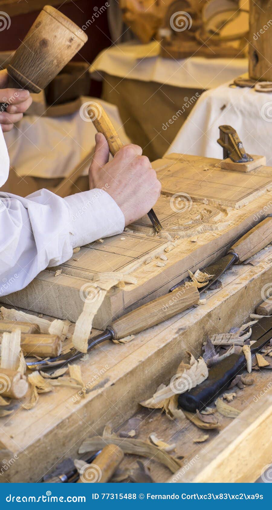 Carpenter, Craftsman Carving Wood in a Medieval Fair, Carpentry Stock ...