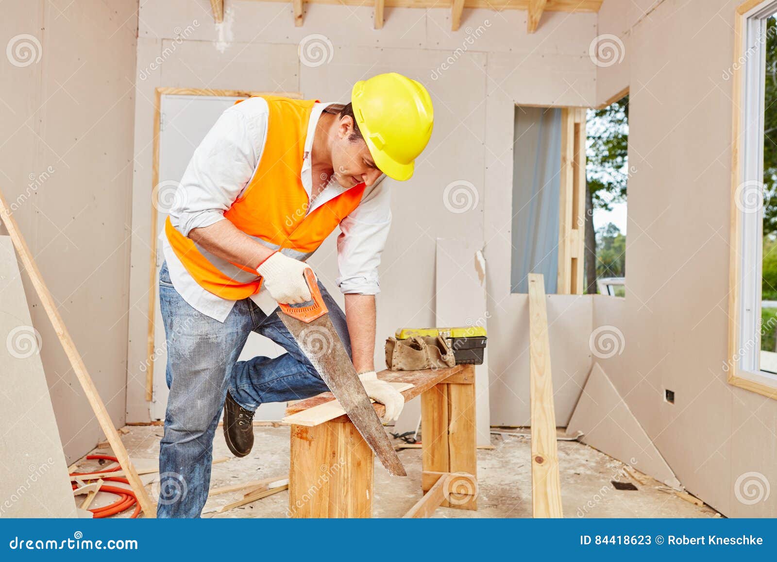 Carpenter Cutting Wood with Hand Saw Stock Image - Image of architect ...