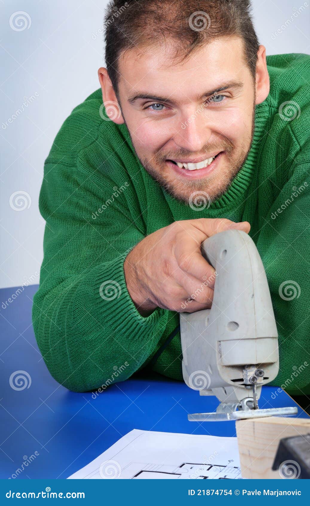 Carpenter Cutting Wood with Jigsaw Stock Photo - Image of wooden ...