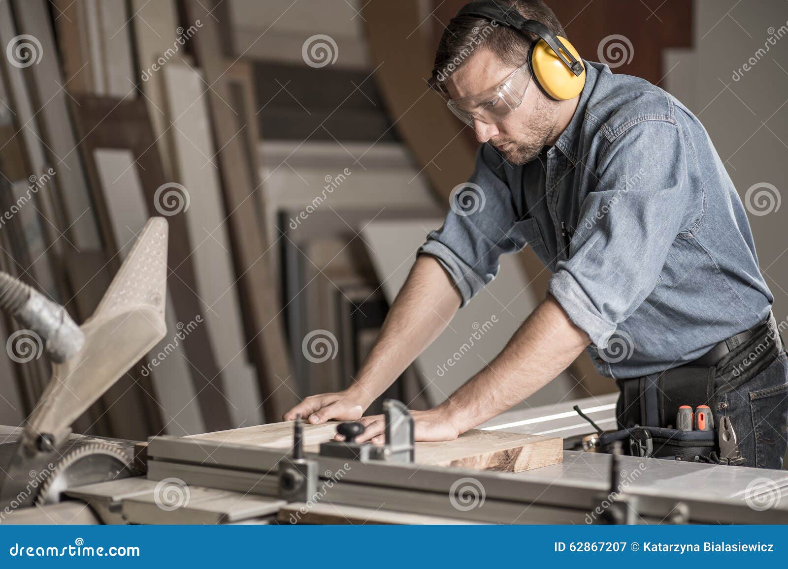 Carpenter Cutting Wood on Workbench Stock Image - Image of caucasian ...