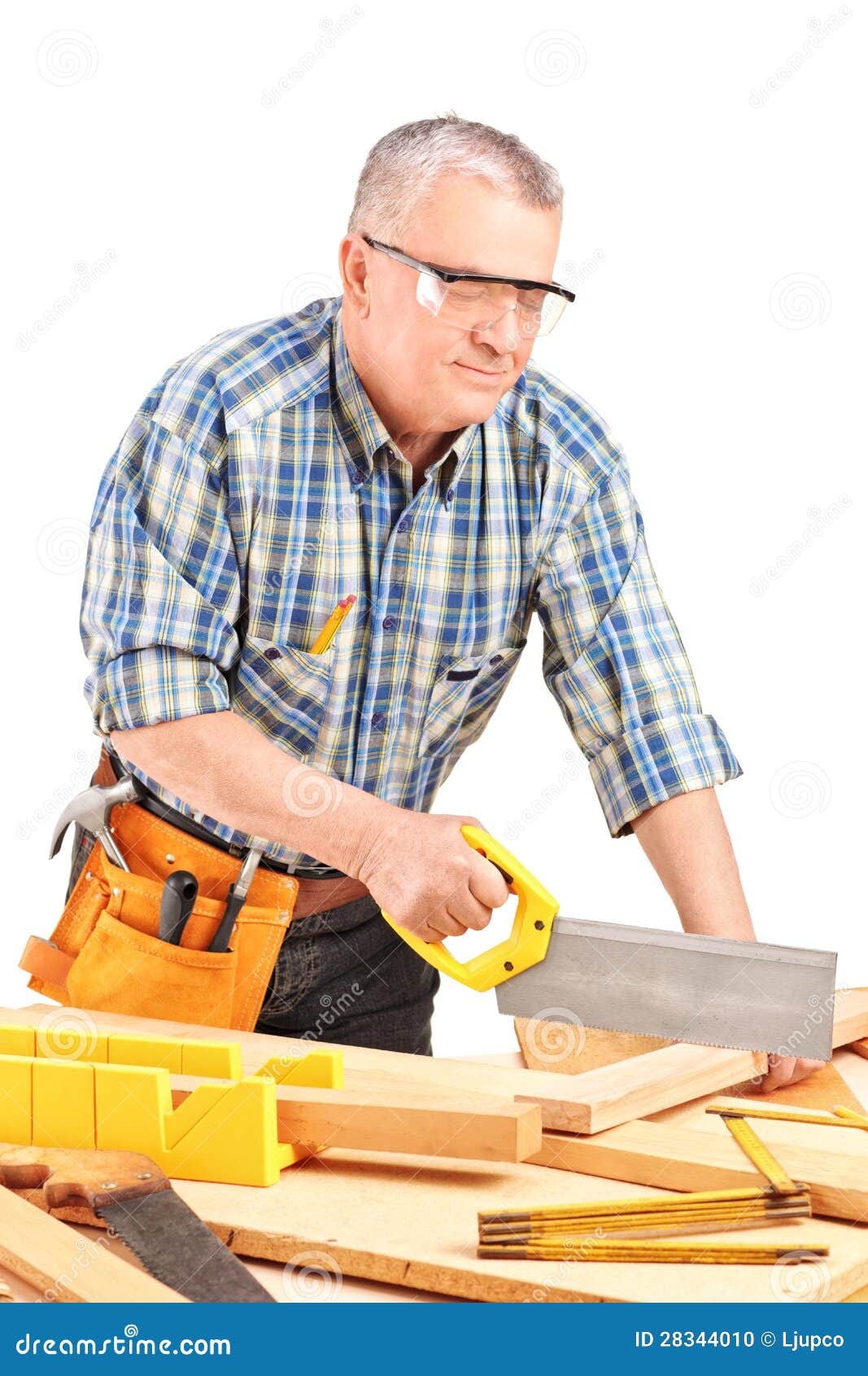 Carpenter Cutting Wooden Batten with a Saw Stock Photo - Image of busy ...