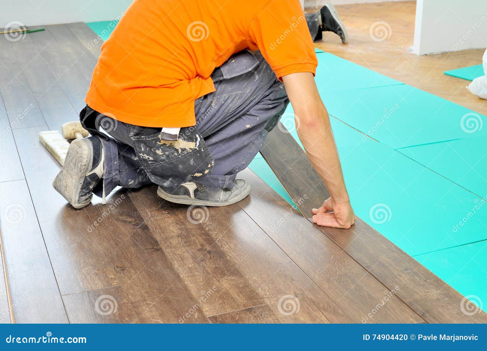 Carpenter Doing Laminate Floor Work Stock Photo - Image of builder ...