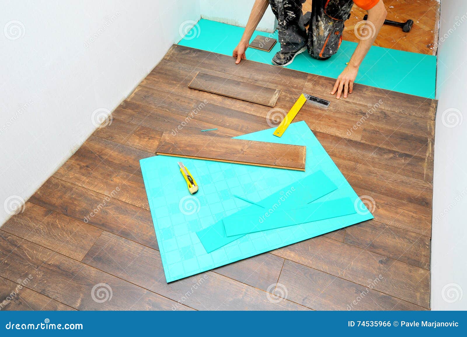 Carpenter Doing Laminate Floor Work Stock Photo - Image of layer ...