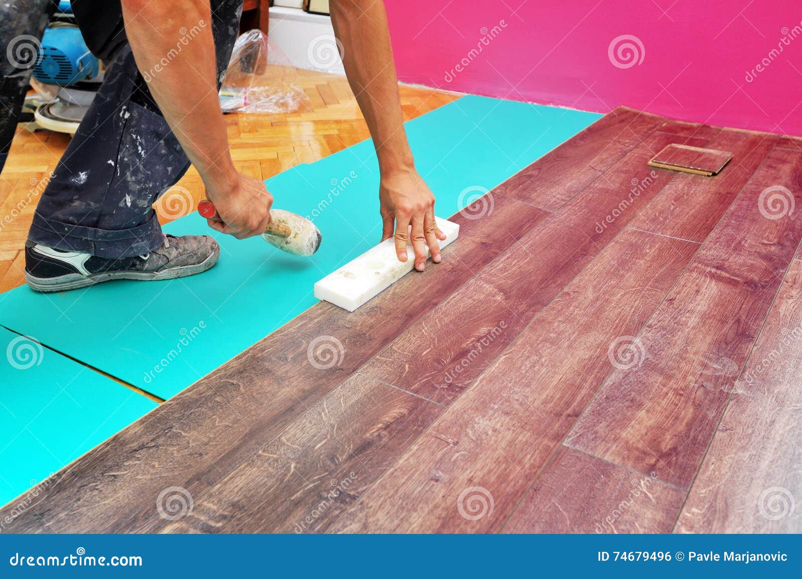 Carpenter Doing Laminate Floor Work Stock Photo - Image of craft, glue ...