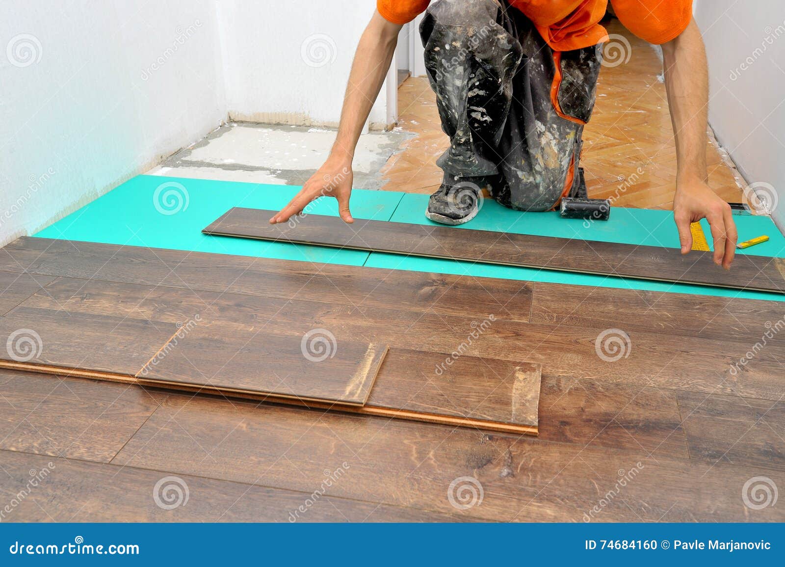 Carpenter Doing Laminate Floor Work Stock Photo - Image of interior ...