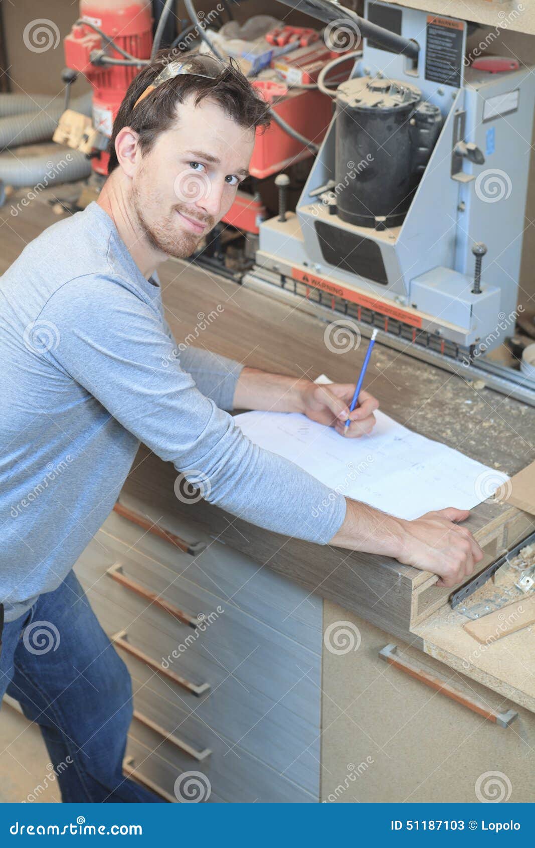 Carpenter at Draw Table in Workshop Stock Image - Image of plan ...