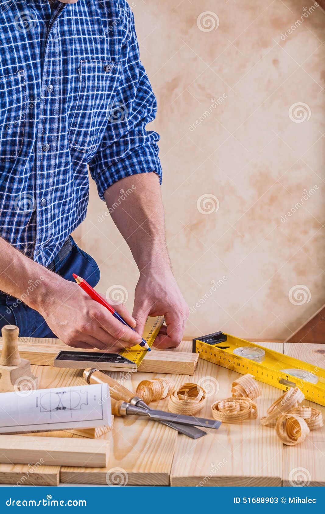 Carpenter Drawing on Wooden Plank Construction Stock Image - Image of ...