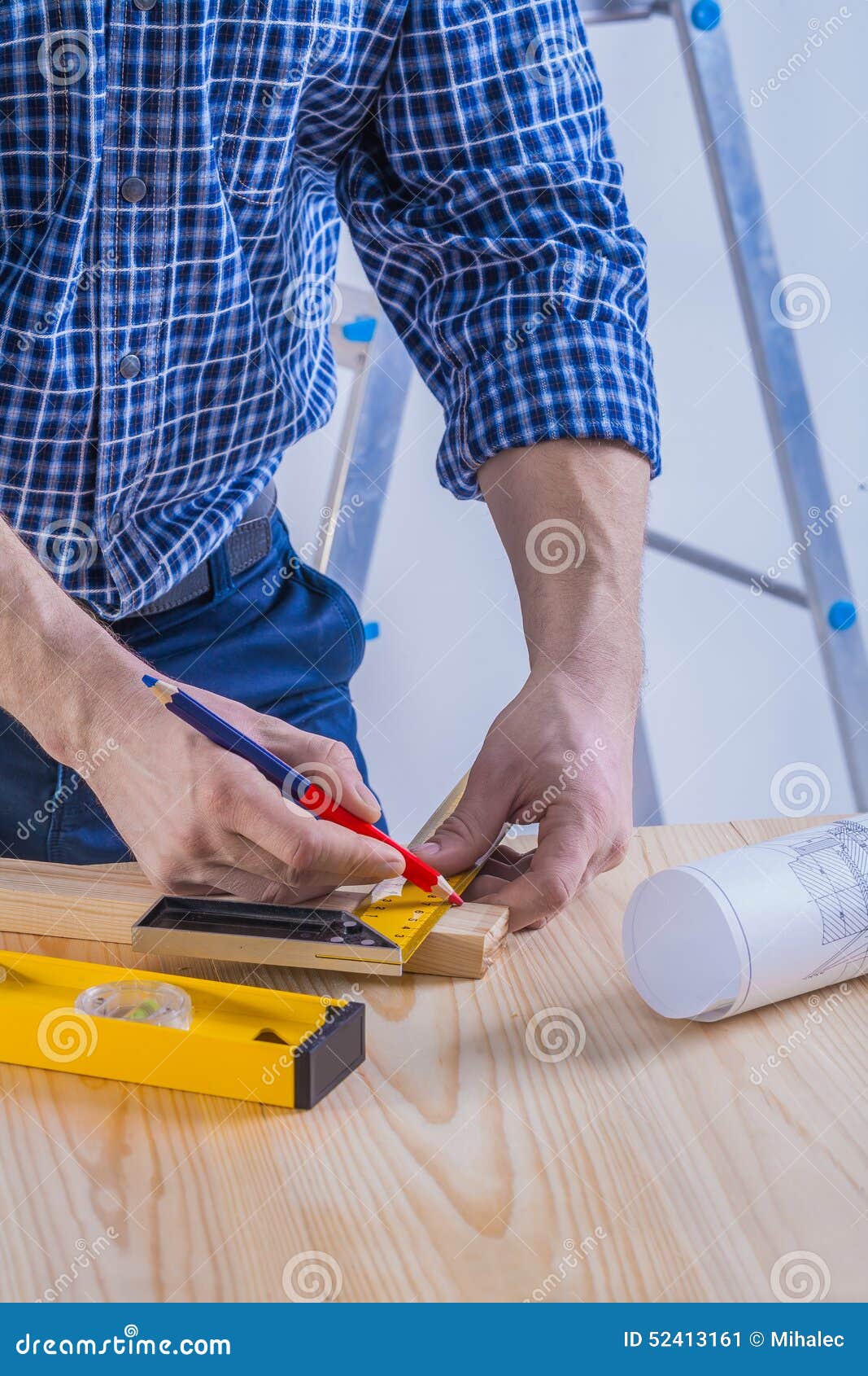 Carpenter Drawing on Wooden Plank Construction Stock Image - Image of ...