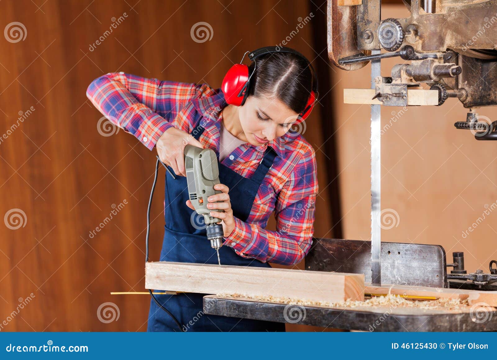 Carpenter Drilling Wood at Bandsaw Stock Photo - Image of concentration ...