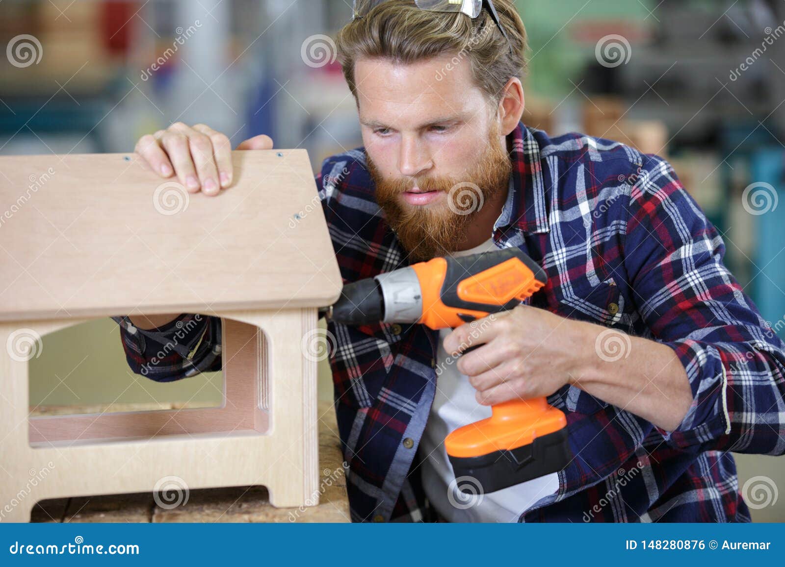 Carpenter Drilling Wood Using Driver Machine Stock Photo - Image of ...