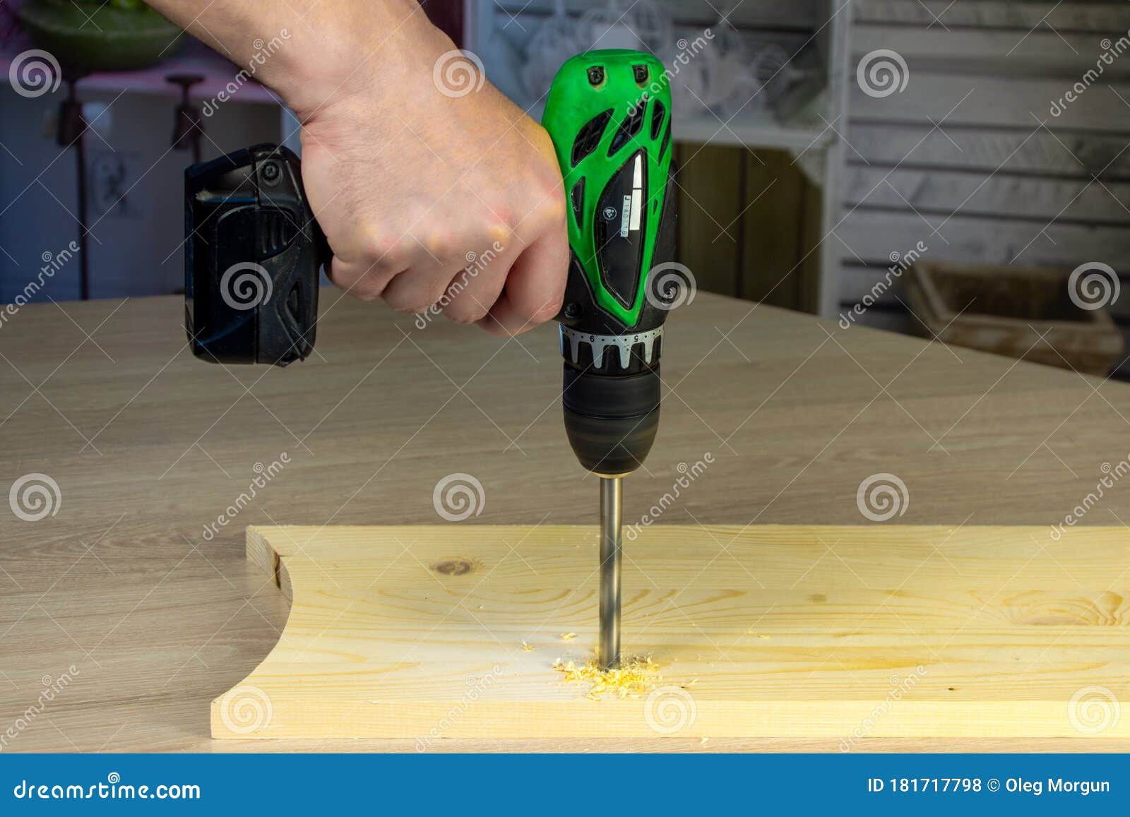 Carpenter Drilling Wooden Board in Workshop. Instruments, Profession ...