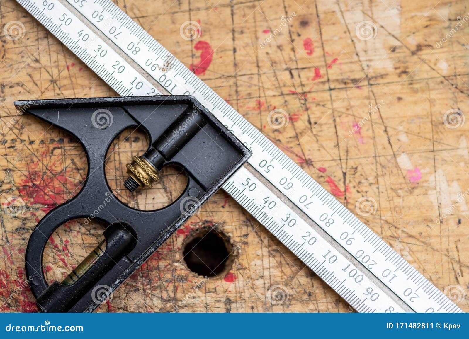 Carpenter Engineer Square, Metal Metering Tool on Wooden Workbench ...