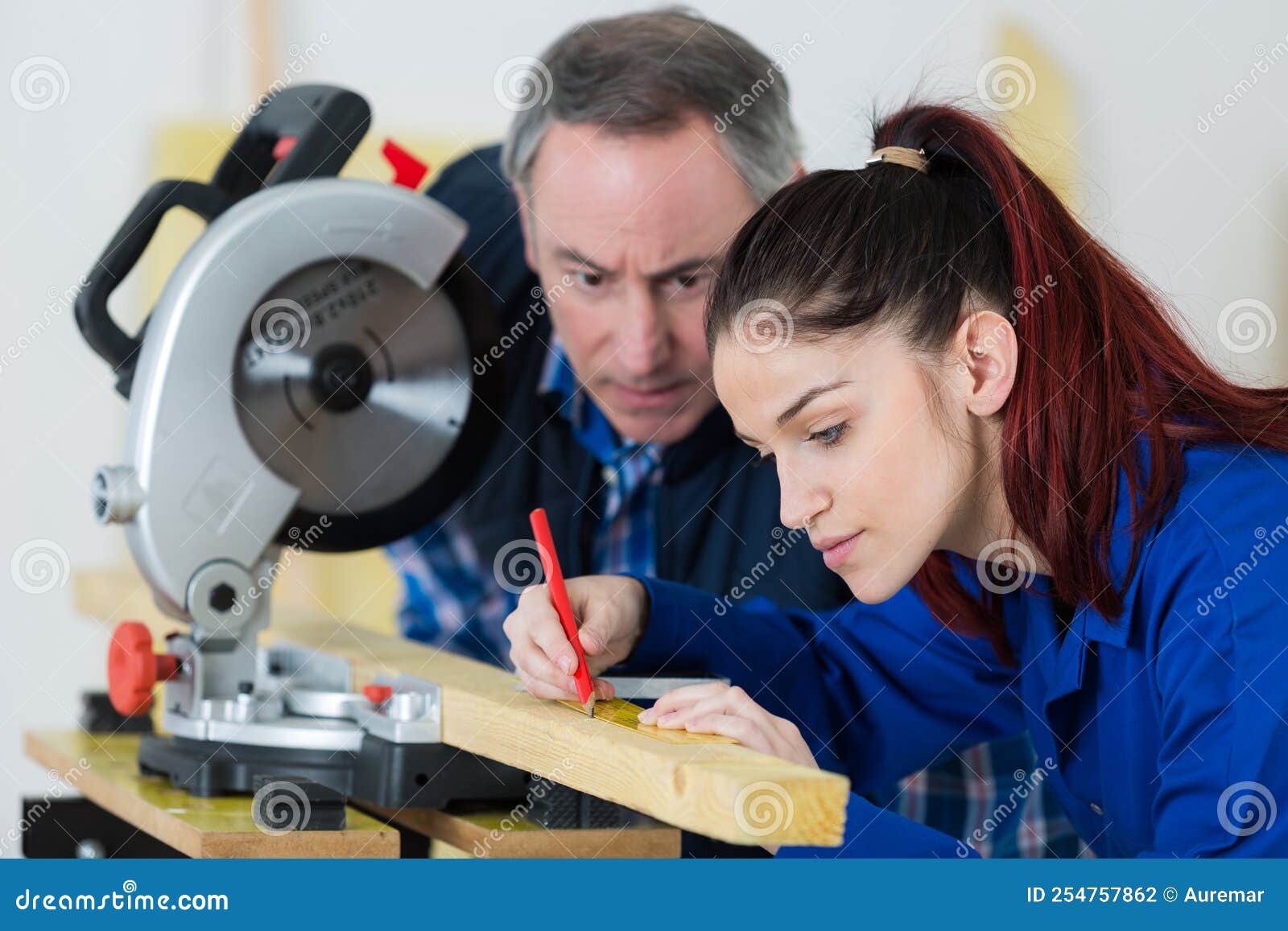 Carpenter with Female Apprentice Working on Building Site Stock Photo ...
