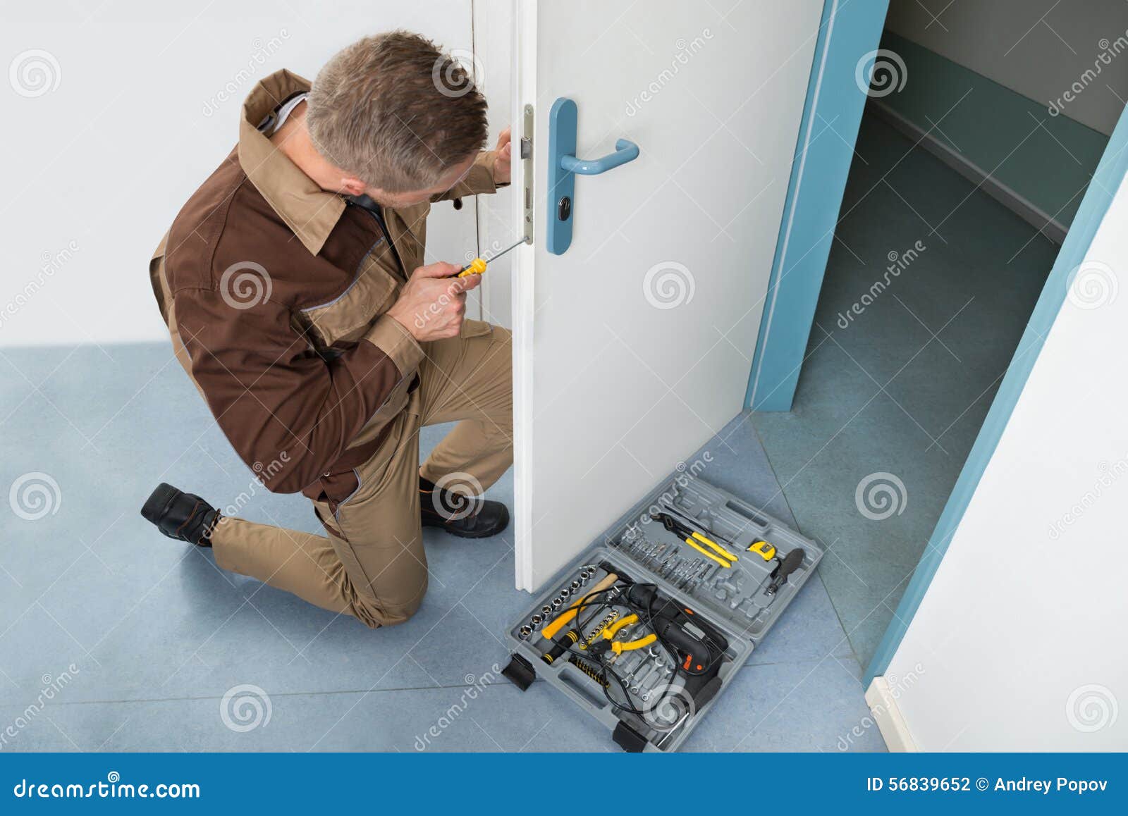 Carpenter Fixing Lock with Screwdriver Stock Photo - Image of high ...