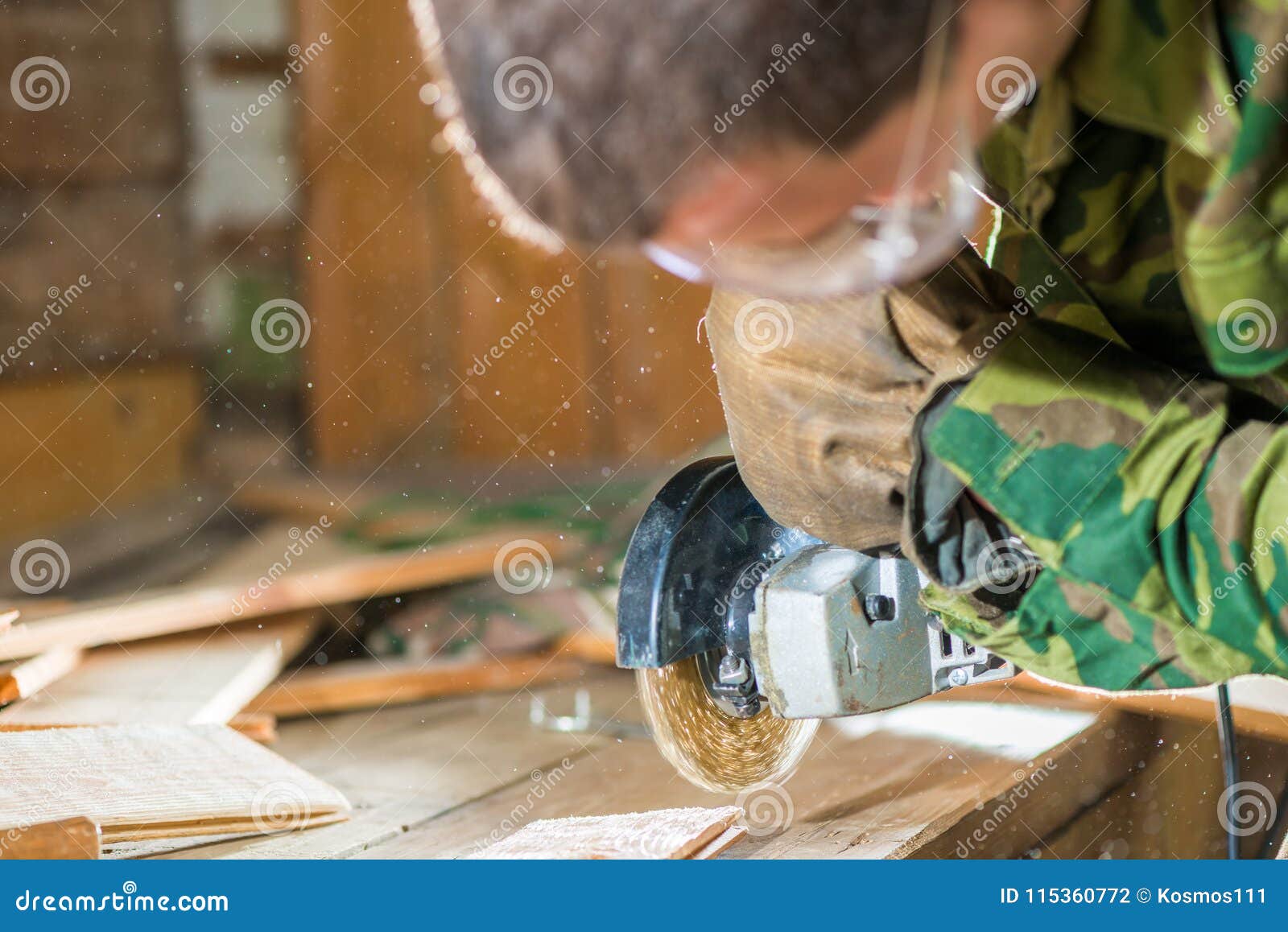 Carpenter in Goggles Processes the Surface of the Boards Stock Photo ...