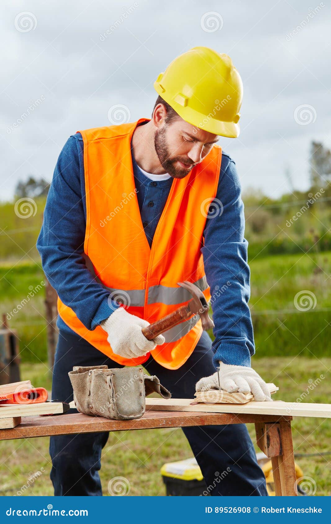Carpenter Hammering and Working with Wood Stock Photo - Image of ...