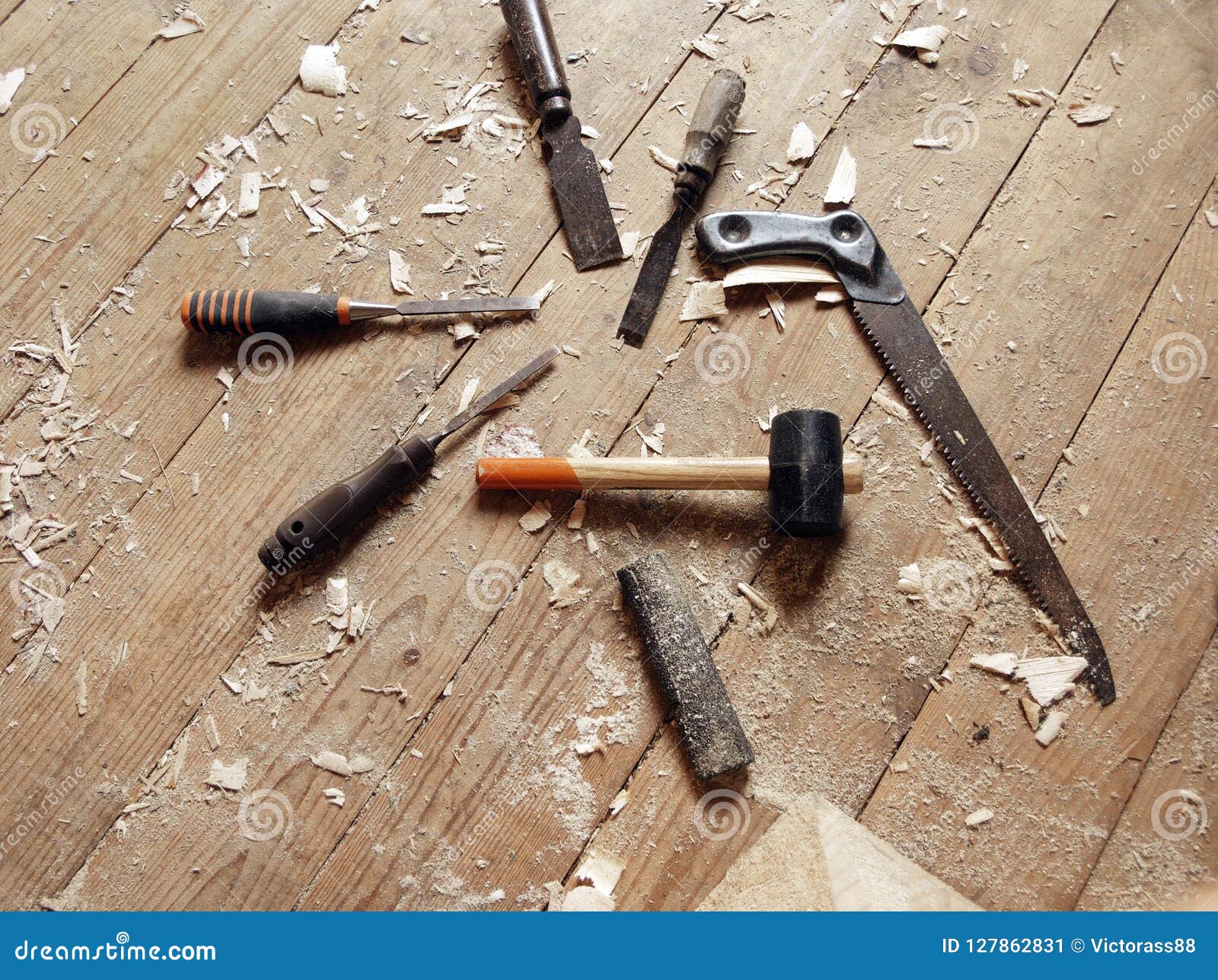 Carpenter tools on floor stock image. Image of place - 127862831