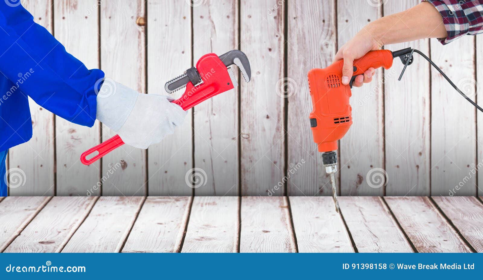 Carpenter Hands Holding Tools Against Wood Stock Photo - Image of ...