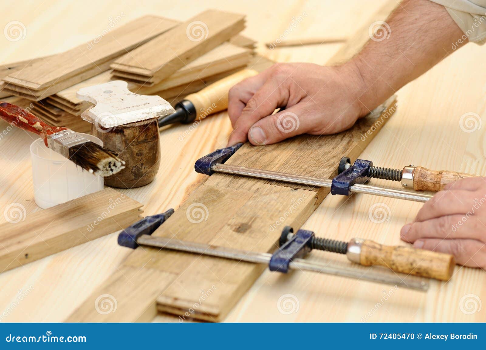 Carpenter Hands at Work with Clamp Stock Photo - Image of occupation ...