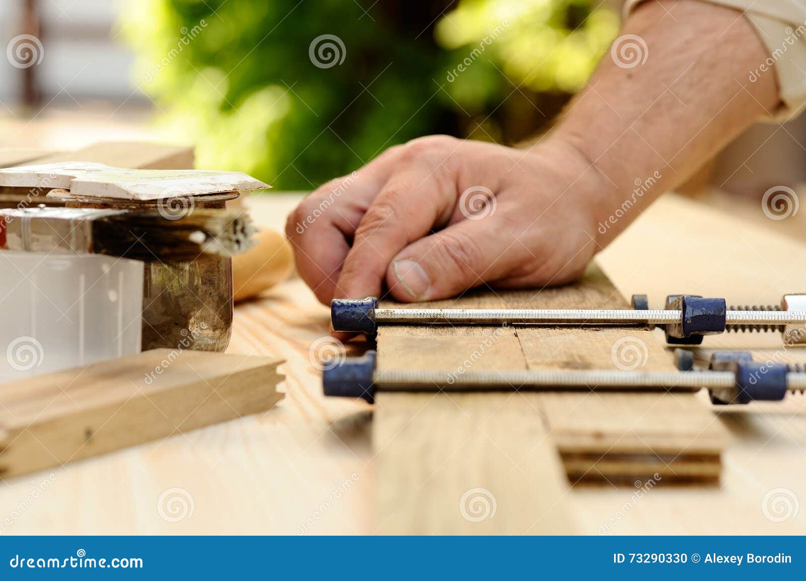 Carpenter Hands at Work with Clamp Stock Photo - Image of craft, manual ...