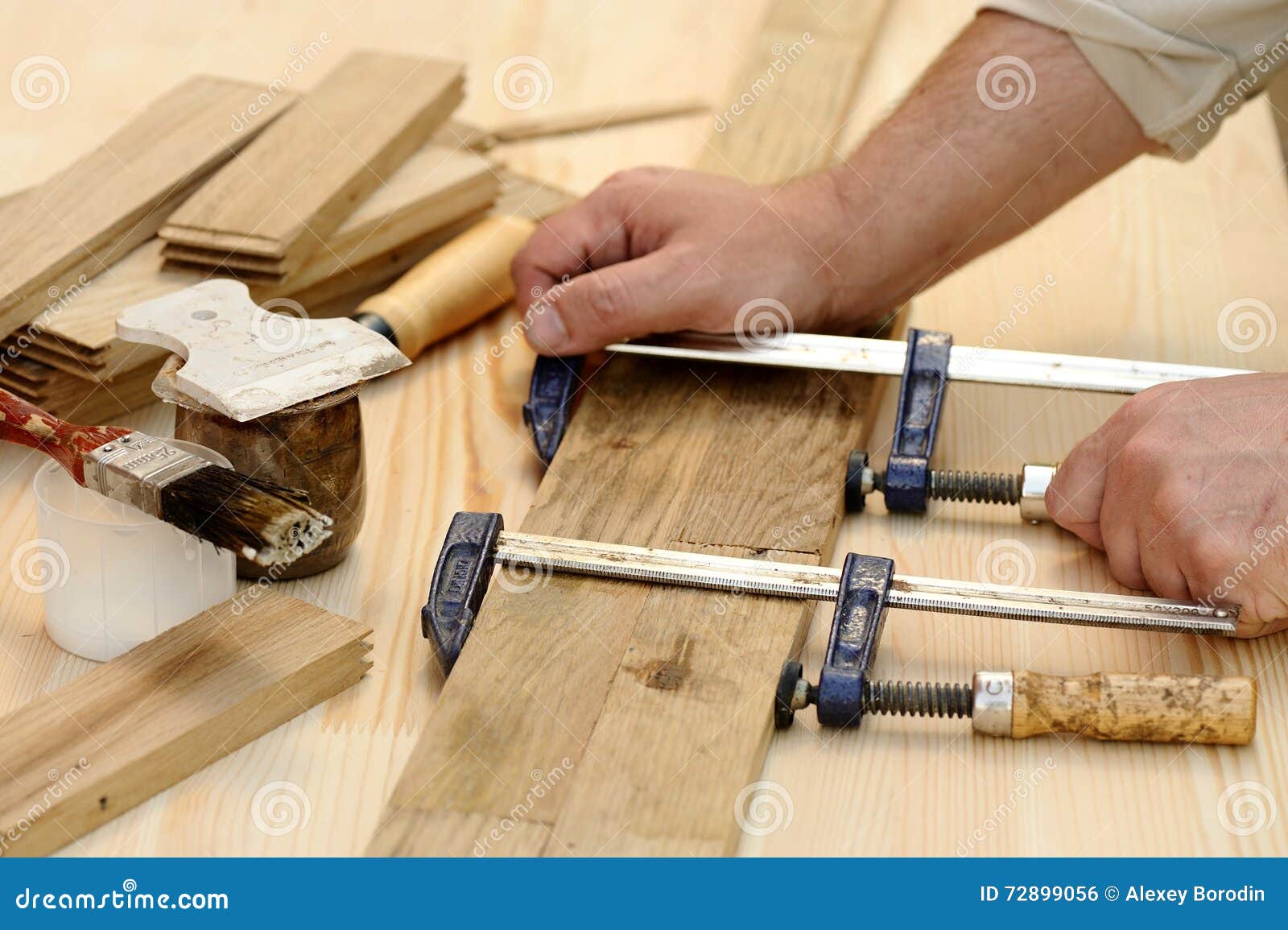 Carpenter Hands at Work with Clamps Stock Photo - Image of boards ...