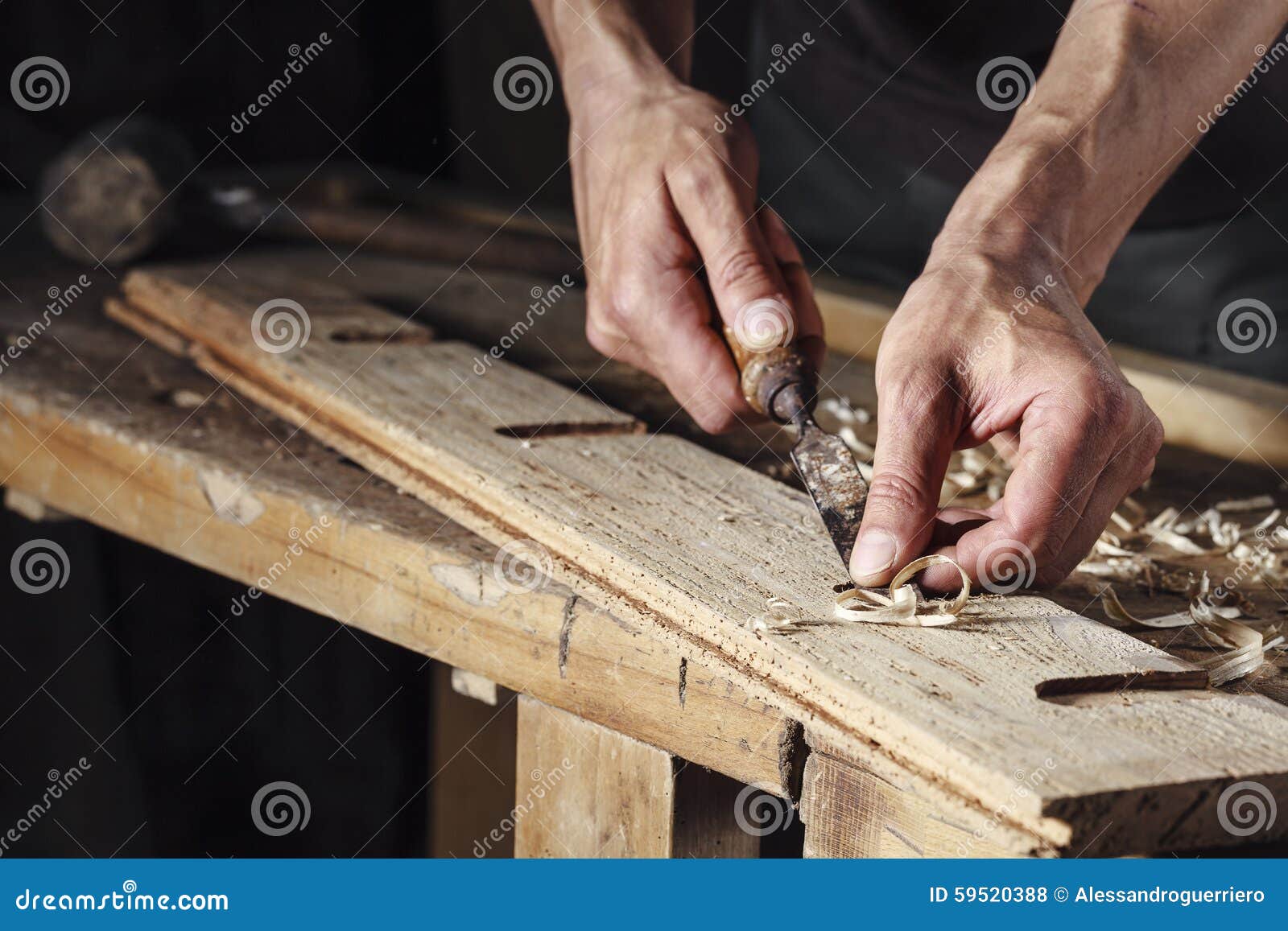 Carpenter Hands Working with a Chisel and Carving Tools Stock Photo ...