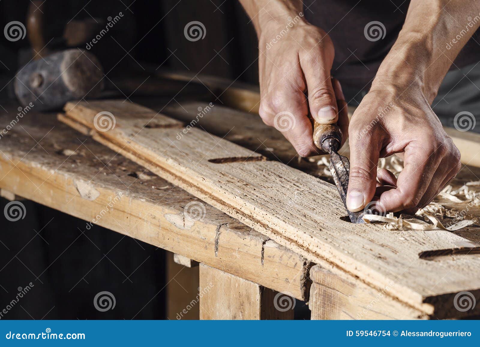 Carpenter Hands Working with a Chisel and Carving Tools Stock Photo ...