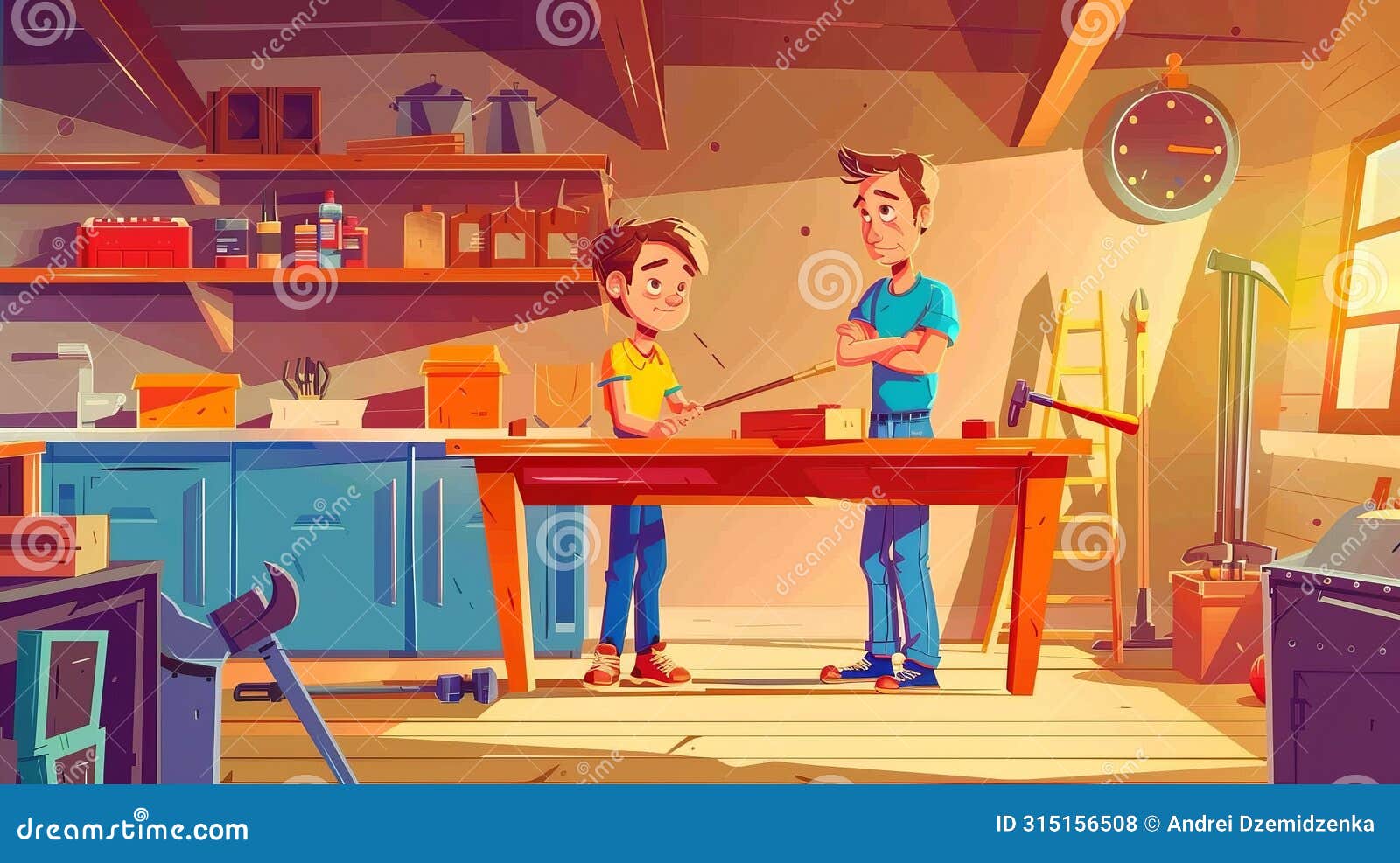 A Carpenter and His Son Do Carpentry Work on a Workbench in the Garage ...