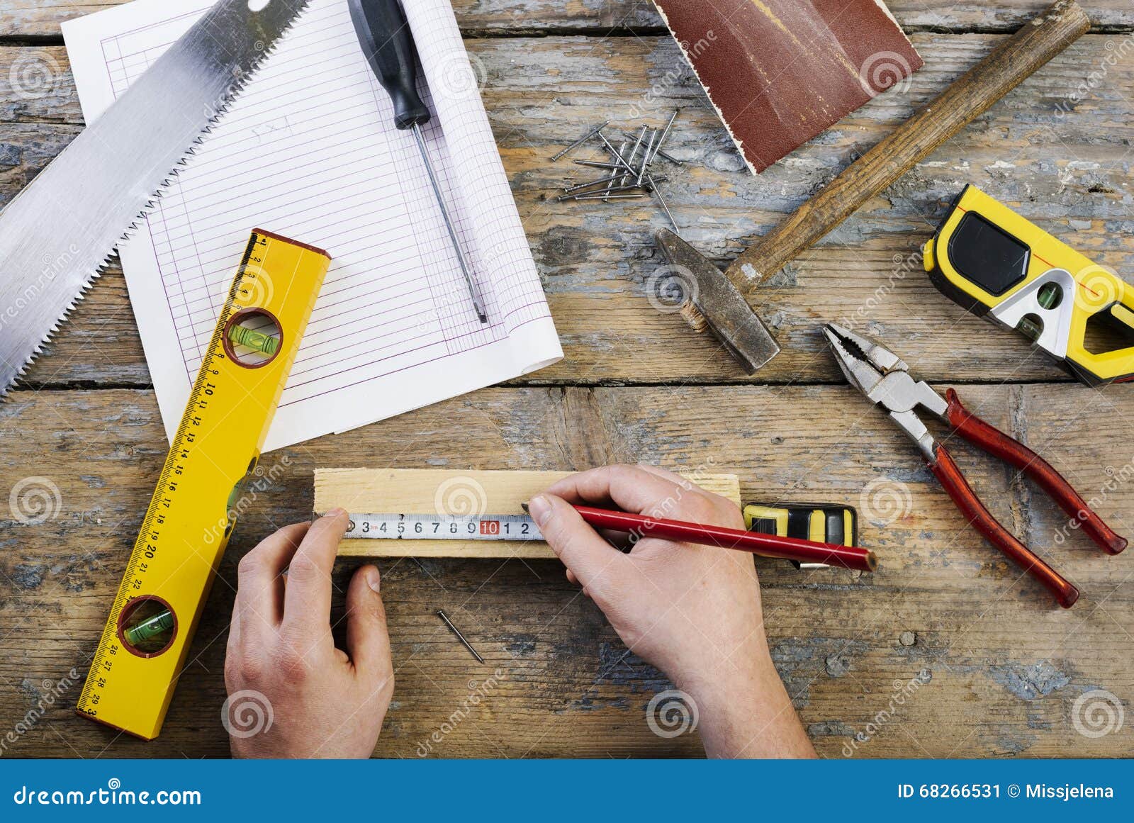 Carpenter with his tools stock image. Image of furniture - 68266531