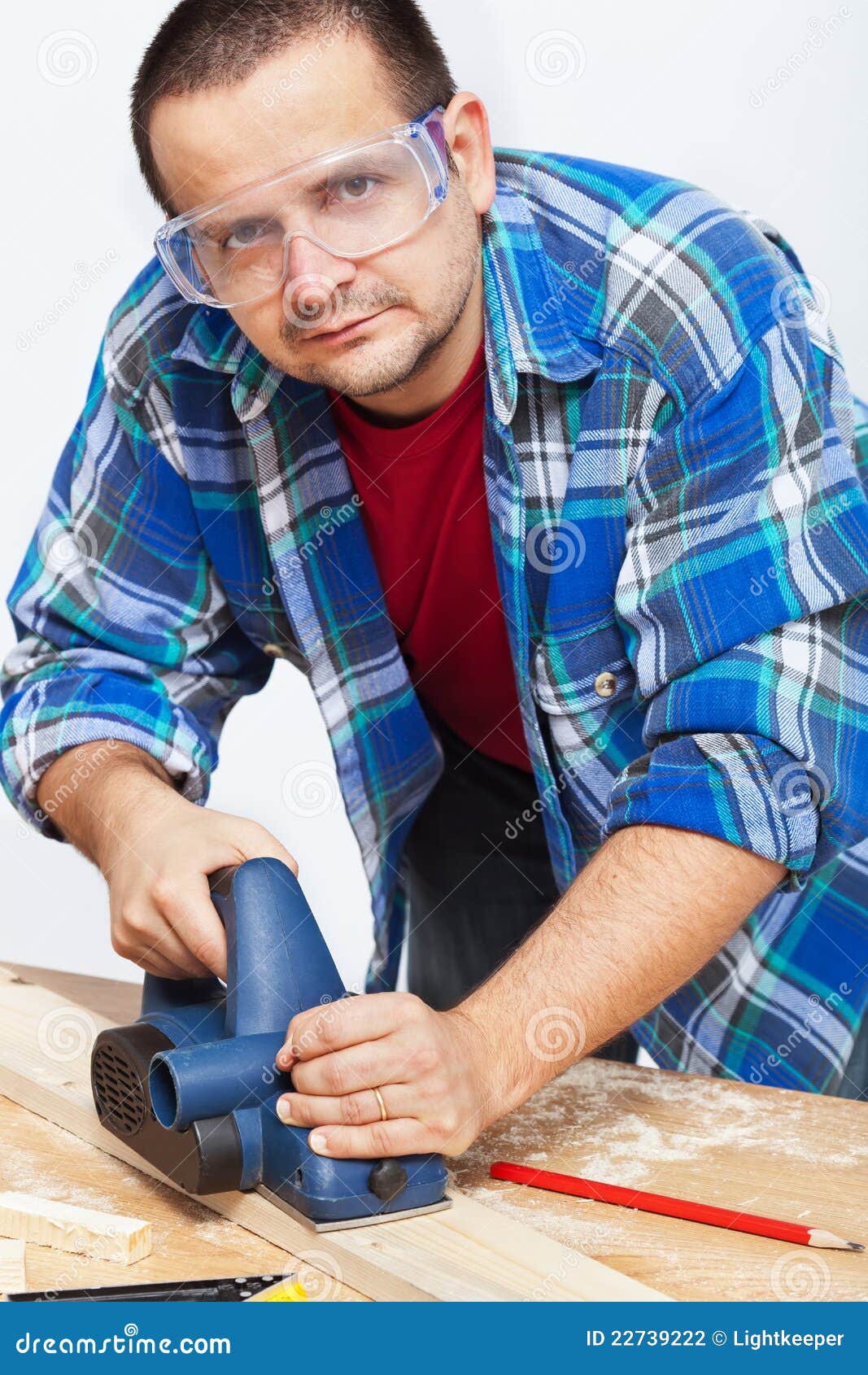 Carpenter or Joiner Working with Electric Planer Stock Photo - Image of ...