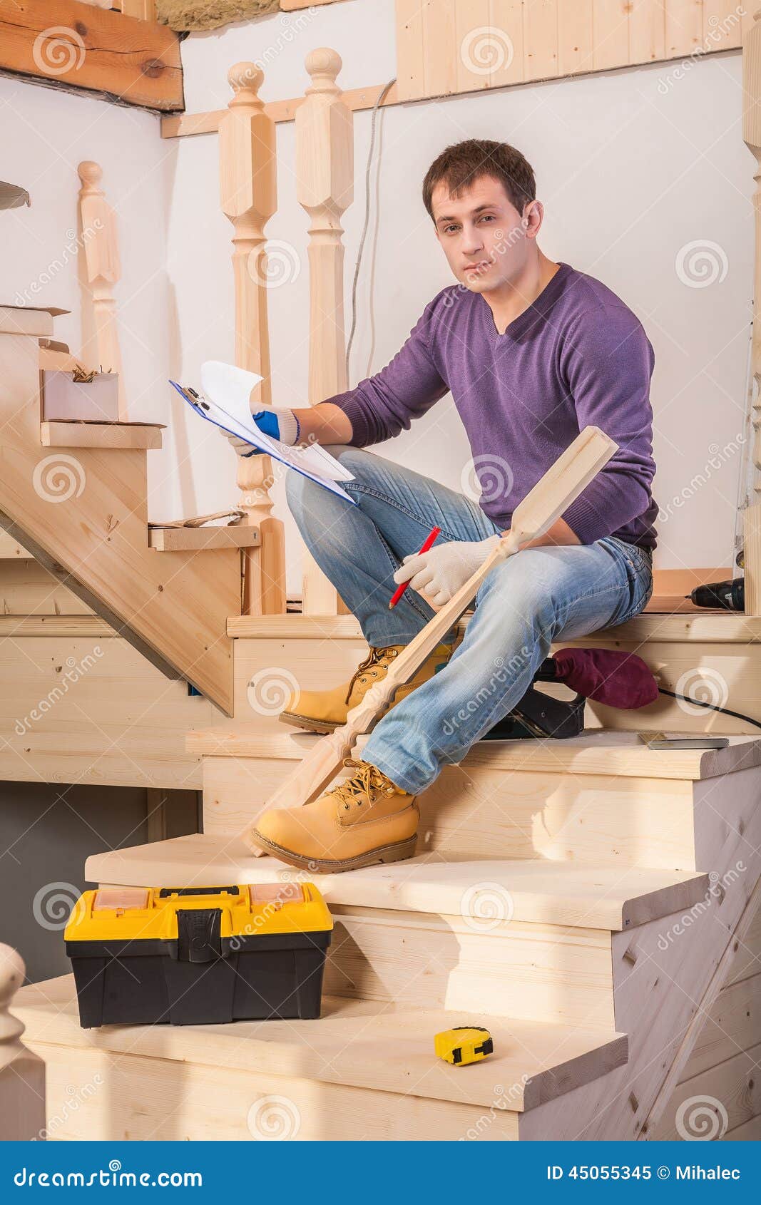 Carpenter on ladder stock image. Image of frame, measure - 45055345