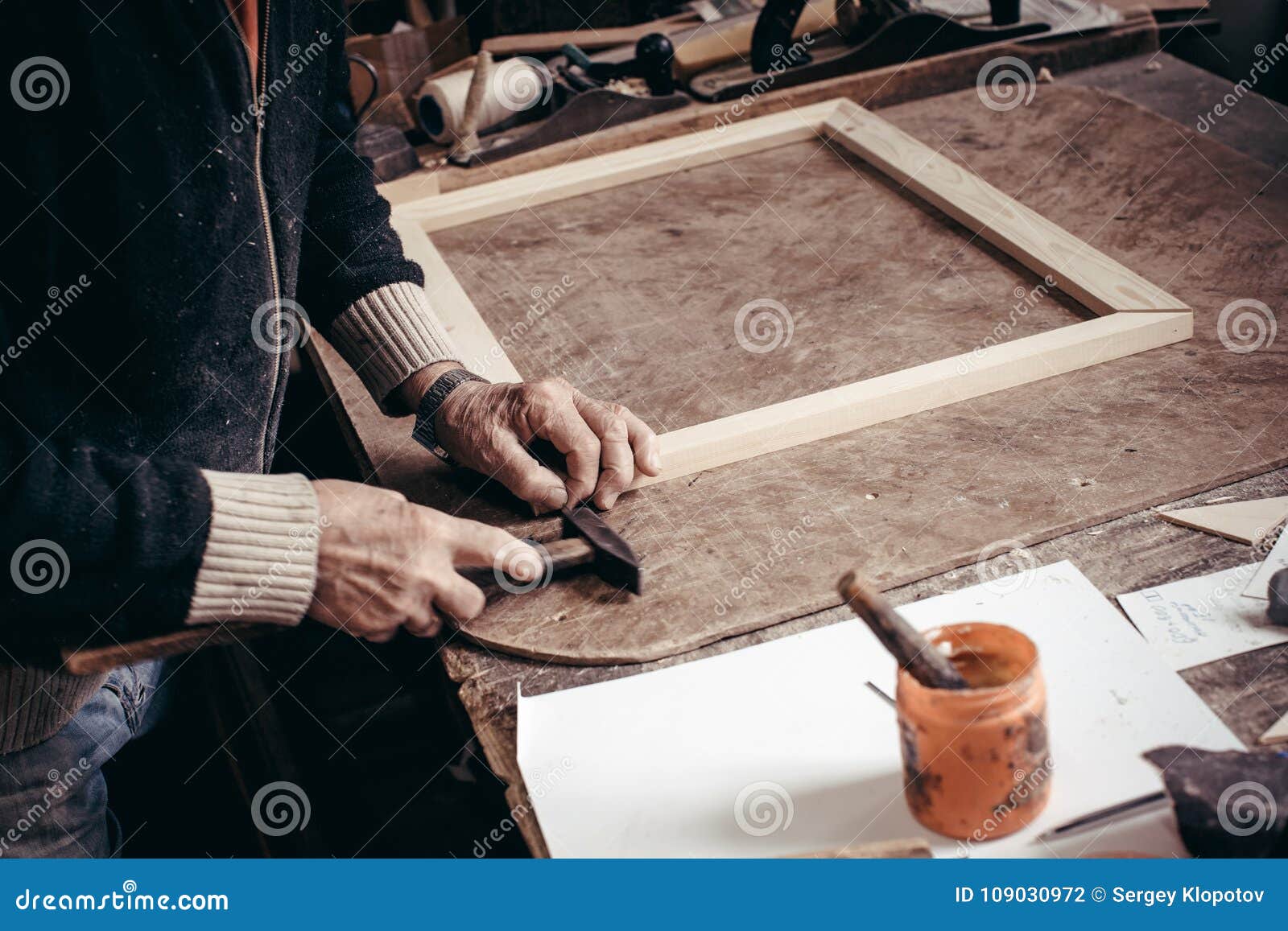 The Carpenter Makes Frames. Stock Photo - Image of measurement ...