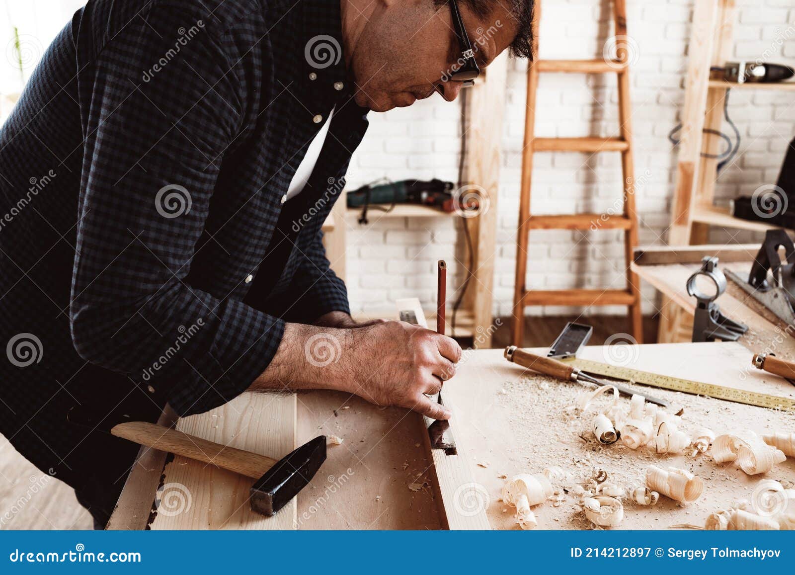 Carpenter Makes Pencil Marks on a Wood Plank Stock Image - Image of ...