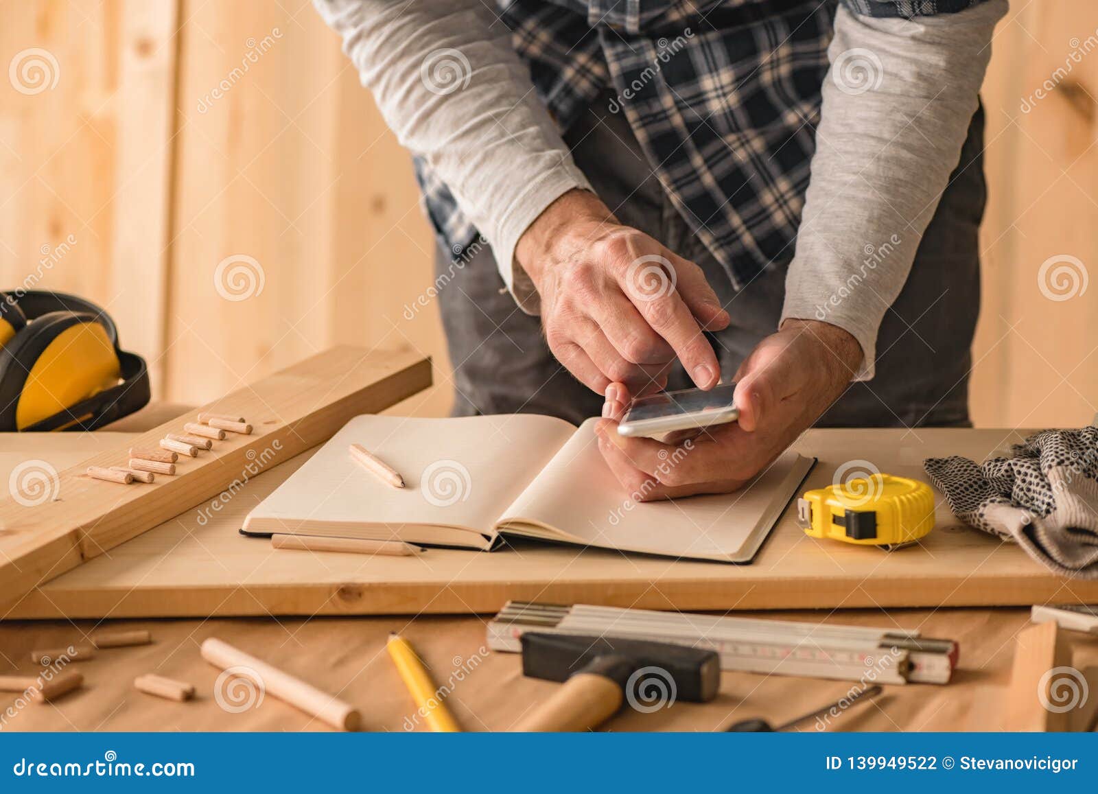 Carpenter Making Project Calculation Using Smartphone App Stock Photo ...