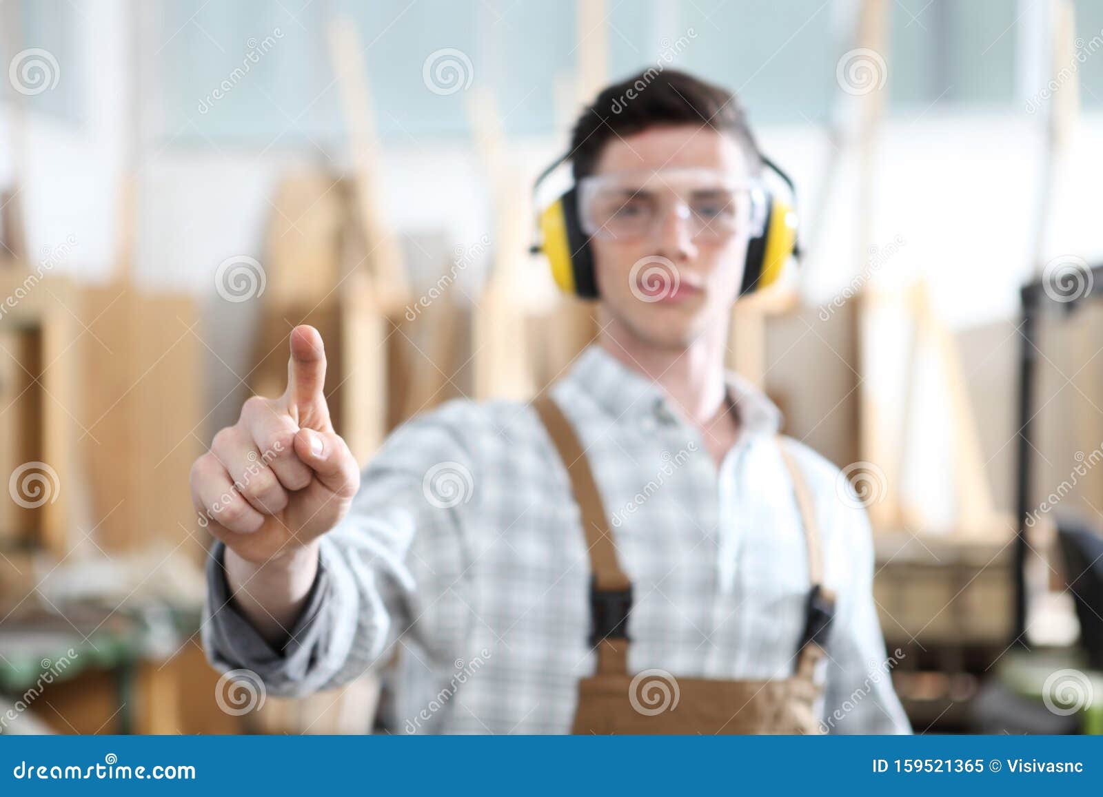 Carpenter Man Touch Screen in Carpentry Background Stock Image - Image ...