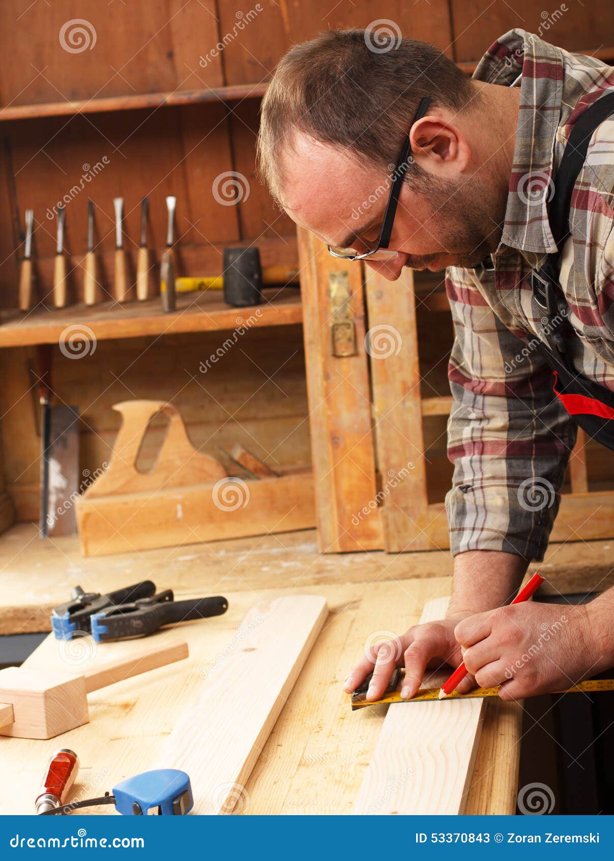 Carpenter Marking a Measurement on a Wooden Plank Stock Image - Image ...