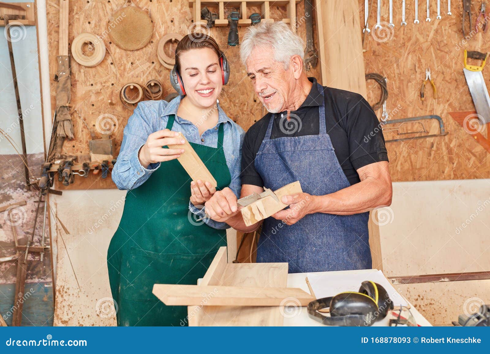 Carpenter Master and Trainee in the Workshop Stock Image - Image of ...