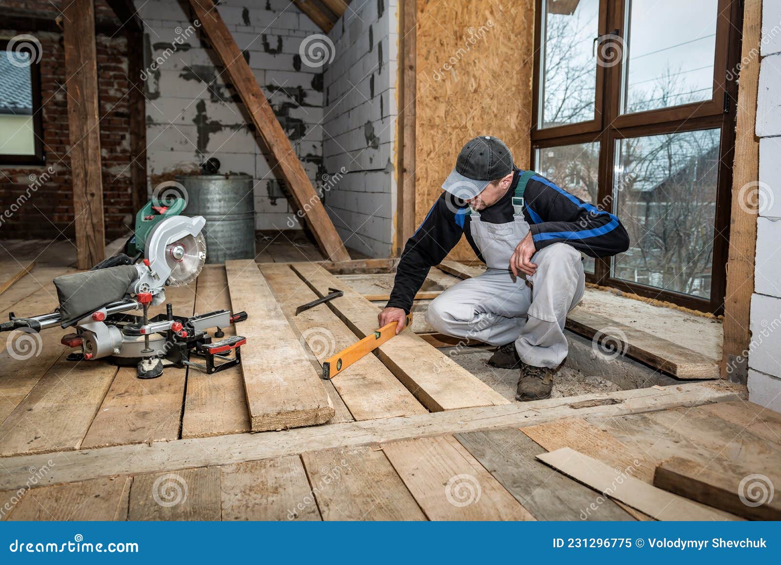 The Carpenter Measures the Floor Level Stock Image - Image of mitre ...
