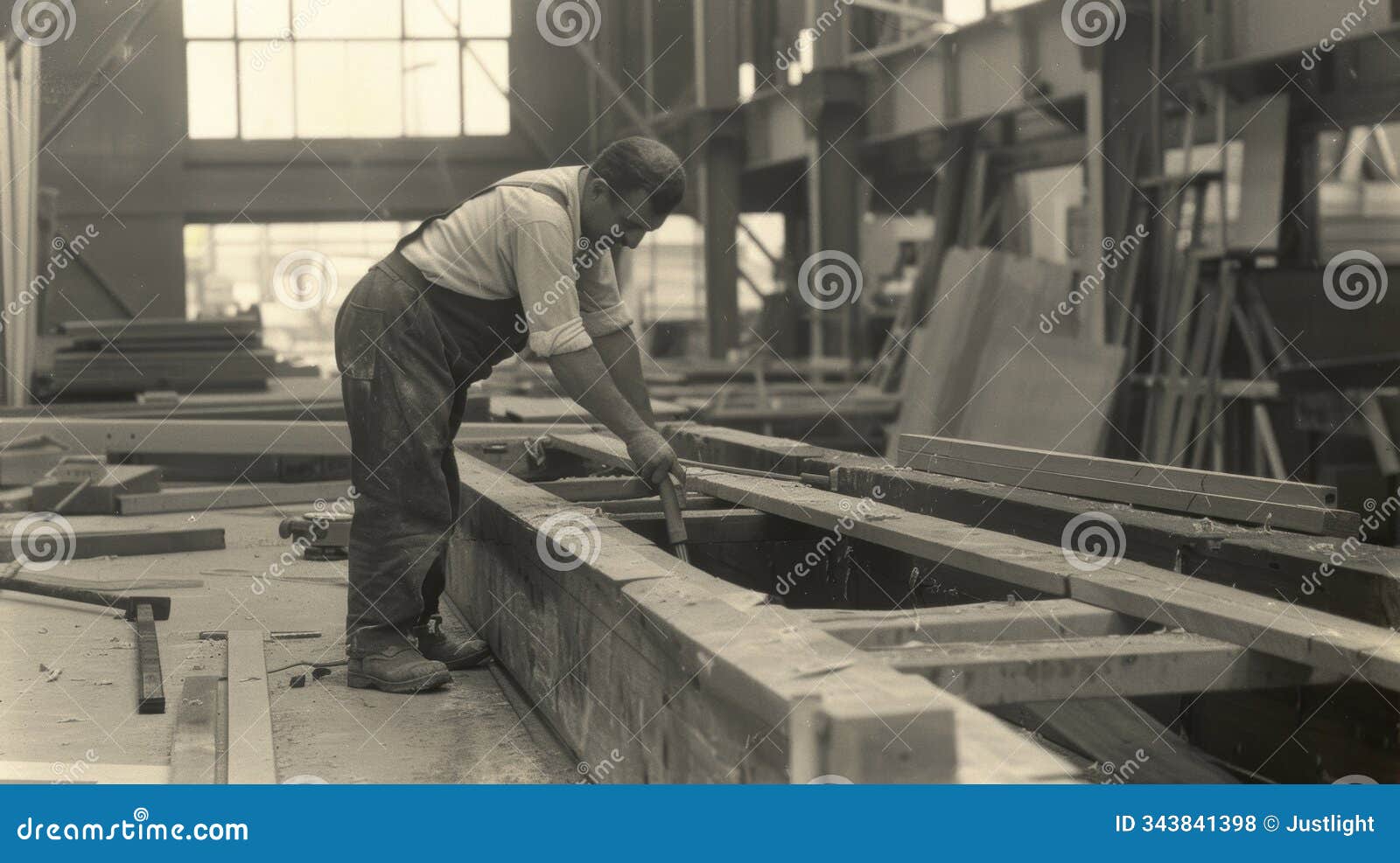 A Carpenter Measuring and Sawing Wood To Build the Framework for the ...
