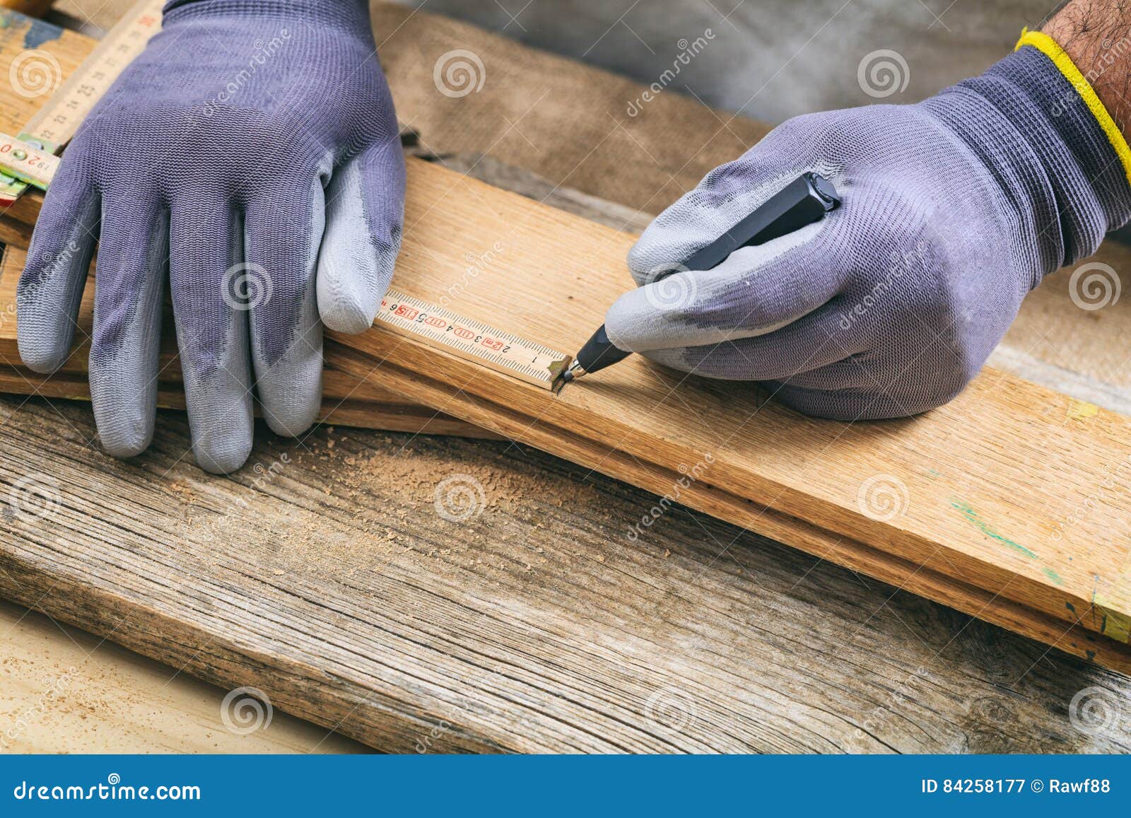 Carpenter Measuring with a Wooden Meter Stock Image - Image of ...