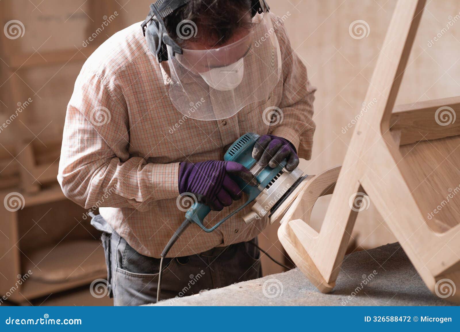 Carpenter Operating with Grinder for Woodworking in a Furniture ...