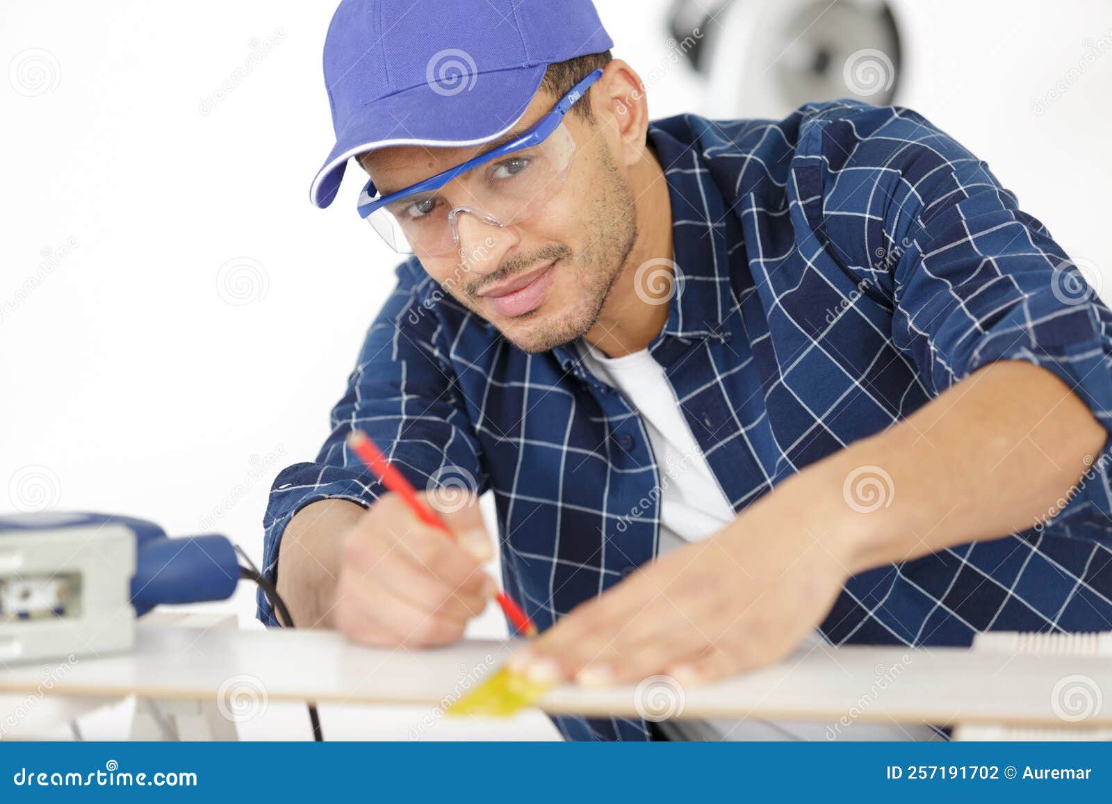 Carpenter with Pencil Drawing Project on Piece Wood Stock Photo - Image ...