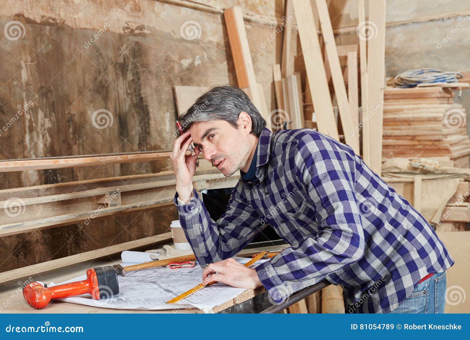 Carpenter Planning and Thinking about Problem Stock Image - Image of ...