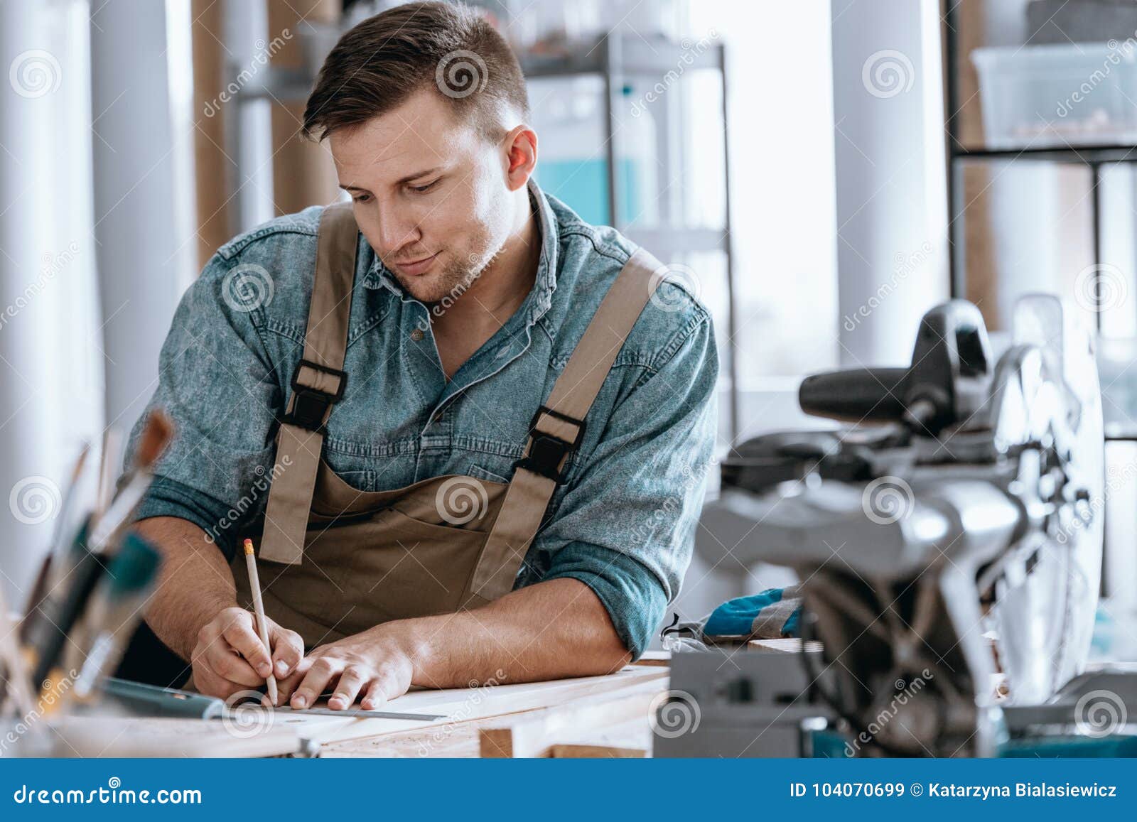 Carpenter Planning Work in Workshop Stock Image - Image of modern ...